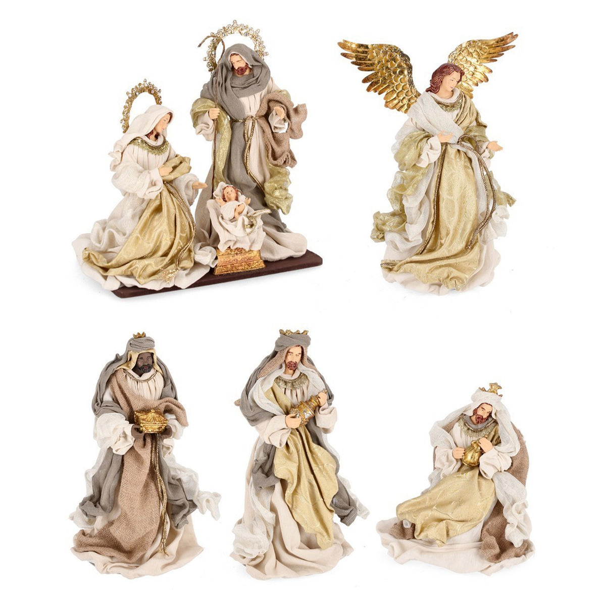 Natività con 3 Re magi e angelo con vestiti in tessuto color oro statu ...