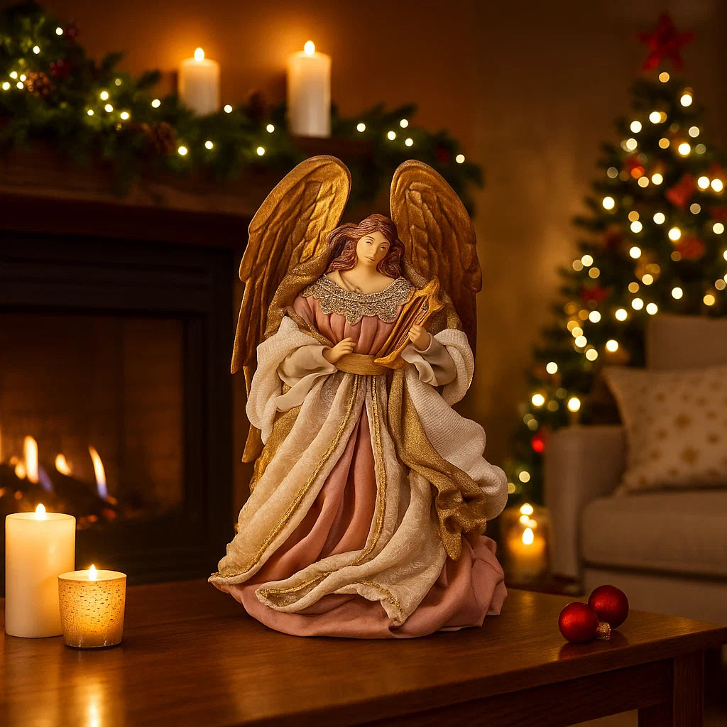 Angelo con arpa in tessuto e resina color Rosa e Oro decorazione natal ...